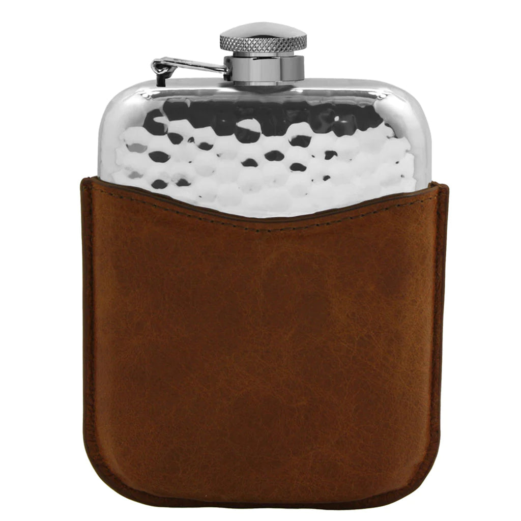 6oz Hammered Design Captive Top Pewter Hip Flask with Tan Leather Pouc
